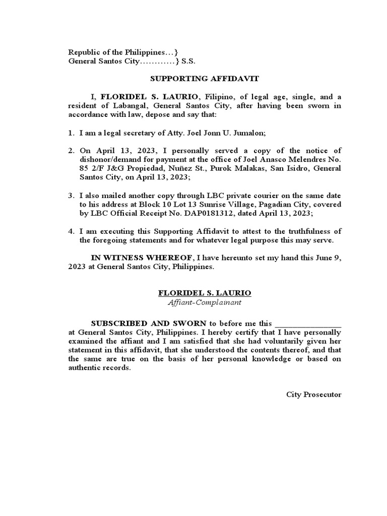 SUPPORTING AFFIDAVIT Flor Re Bual V Melendres | PDF