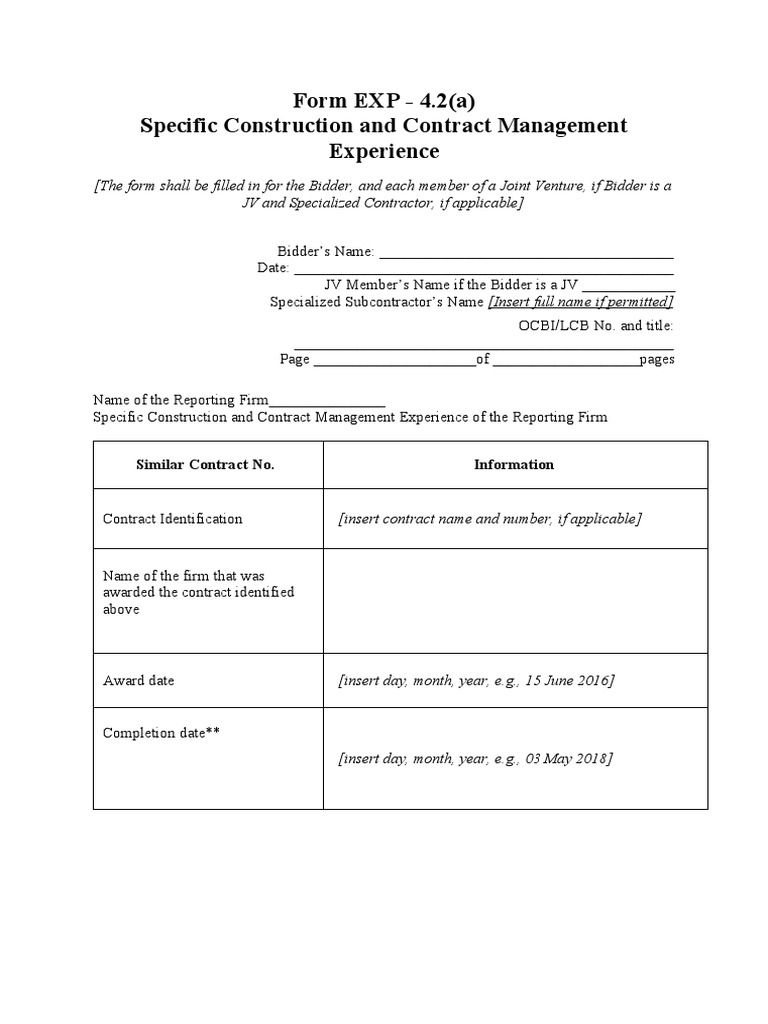 Form EXP - 4.2a Specific Construction and Contract MGT Experience | PDF | Business | Economies