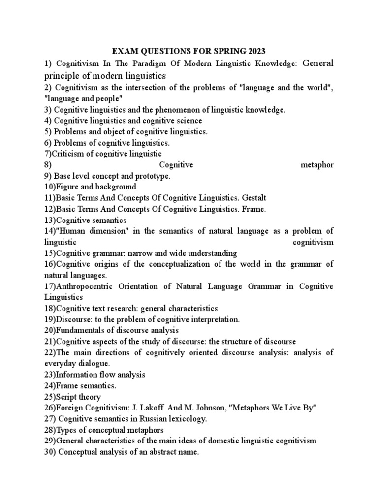 Cognitive Linguistics Exam Questions | PDF