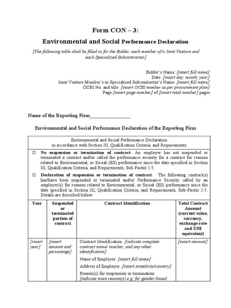 Form Con 3 Environmental and Social Performance Declaration | PDF ...