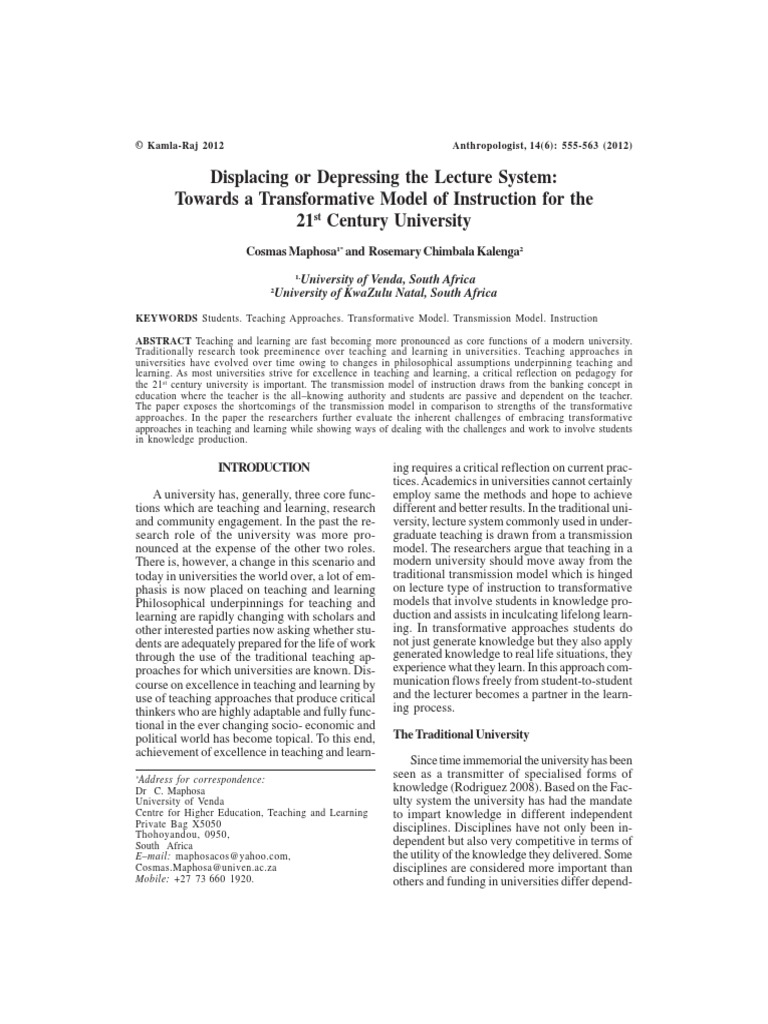 Displacing or Depressing The Lecture System - Towards A Transformative Model of Instruction For ...