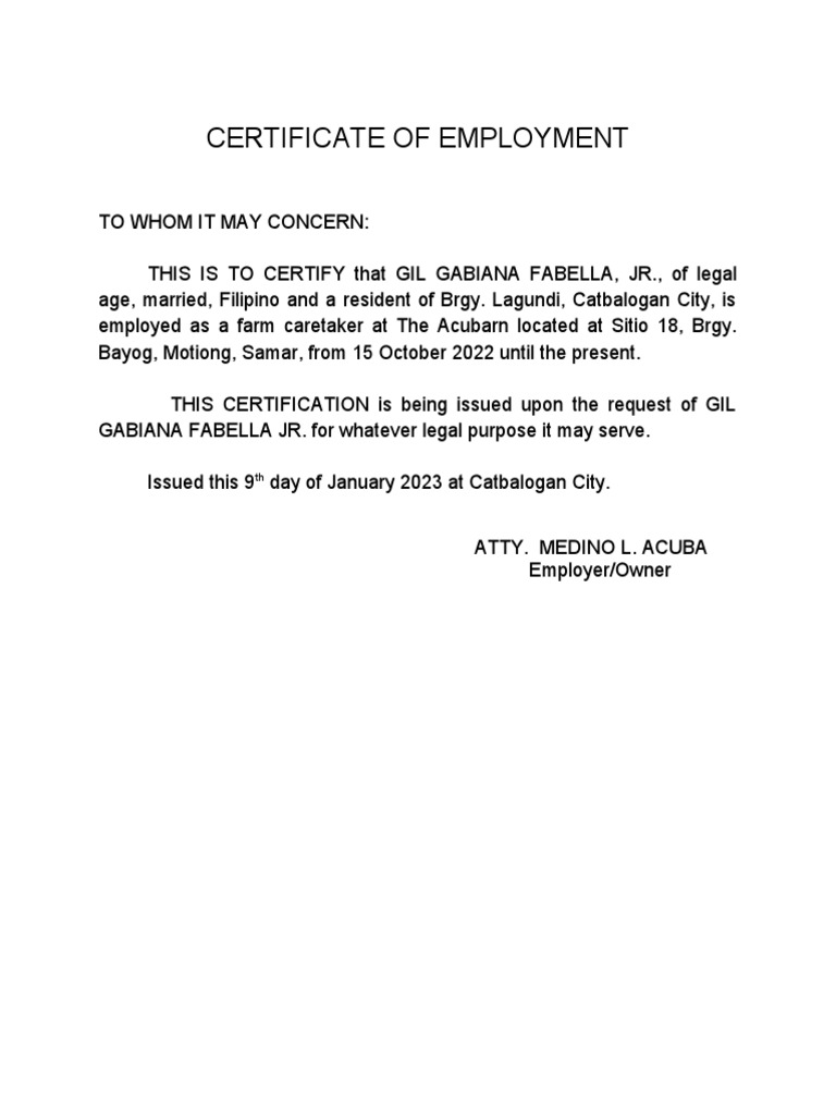 Certificate of Employment - Kel | PDF