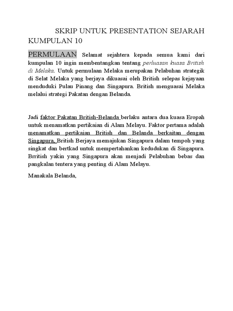 Skrip Untuk Presentation Sejarah Kumpulan 10 | PDF