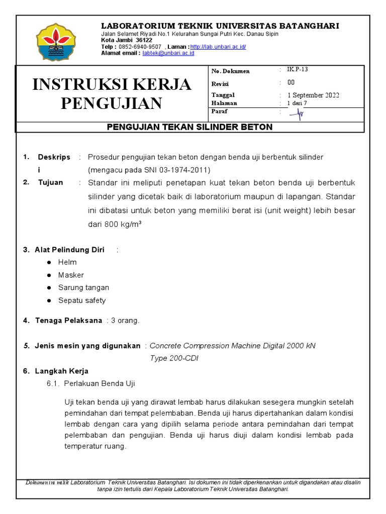 IK.P-13 Pengujian Kuat Tekan Beton Silinder | PDF IK.P-13 Pengujian Kuat Tekan Beton Silinder | PDF