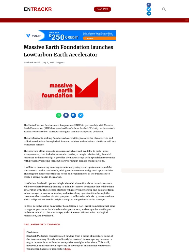 Massive Earth Foundation Launches LowCarbon - Earth Accelerator ...