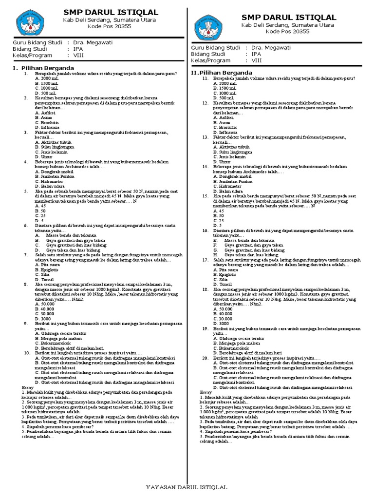 Soal IPA SMP Kelas 8 Semester 2 SMP DARUL ISTIQLAL | PDF