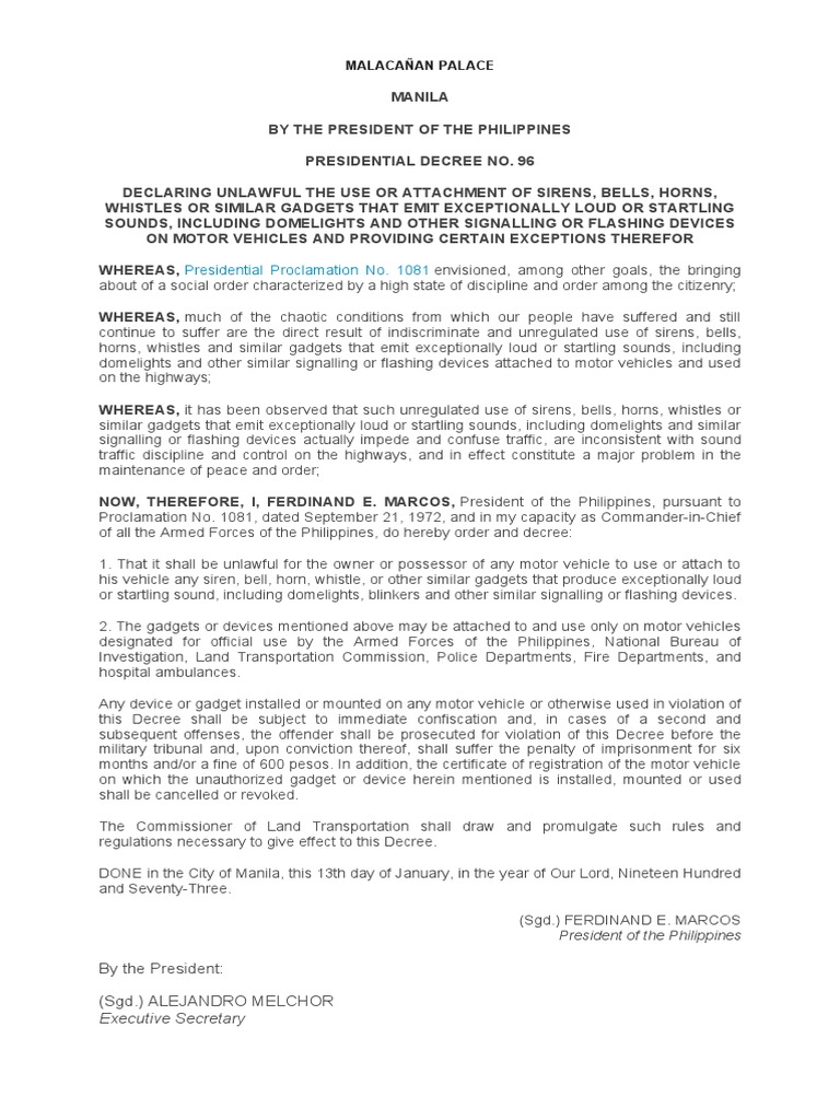 PD96 | PDF | President Of The Philippines | World Politics