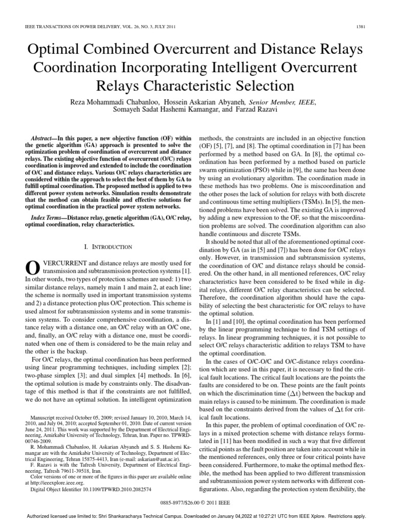 Optimal Combined Overcurrent And Distance Relays Coordination Incorporating Intelligent
