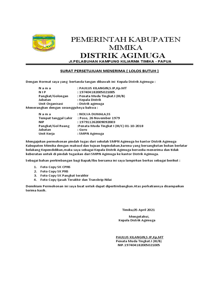 Surat Persetujuan Pindah Tugas Agimuga | PDF