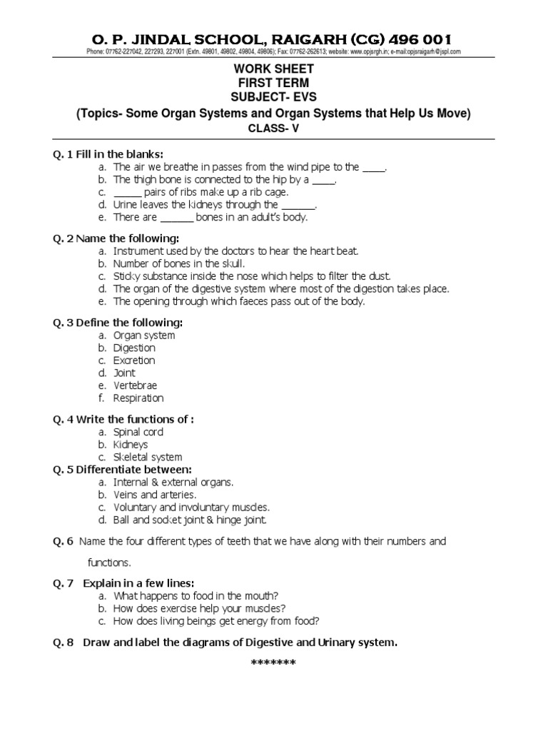 CBSE Class 5 EVS Worksheet - Organ Systems | PDF