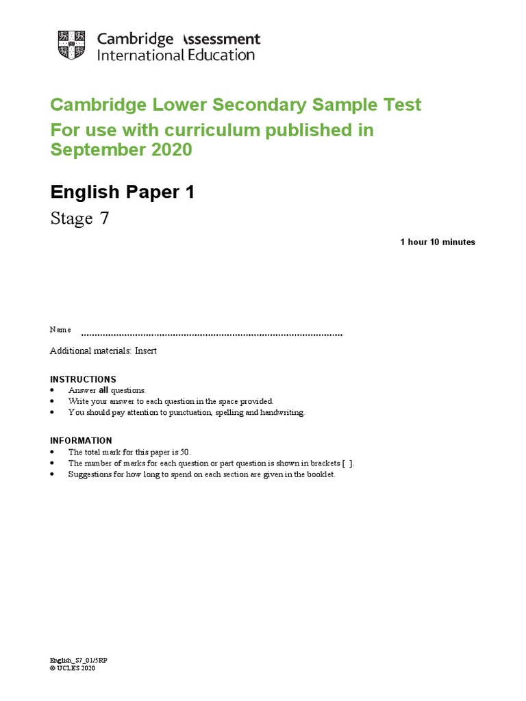 English Stage 7 Sample Paper 1 - tcm143-595358 | PDF
