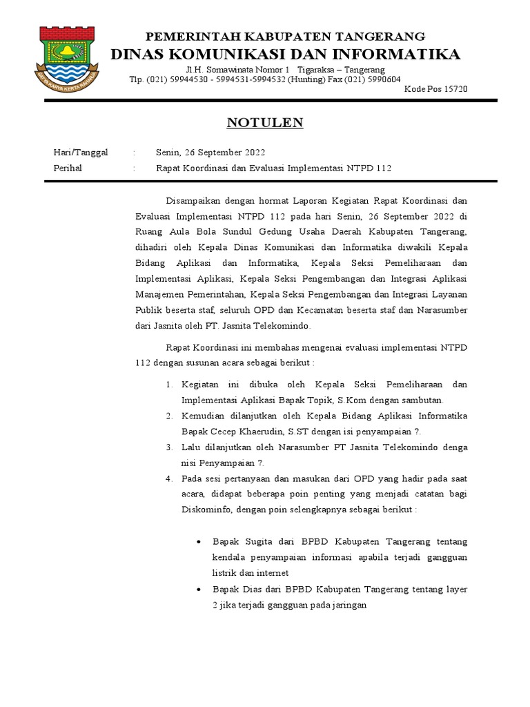 Notulen Rakor & Evalusasi NTPD 112 Not Yet | PDF | Sains & Matematika | Komputer