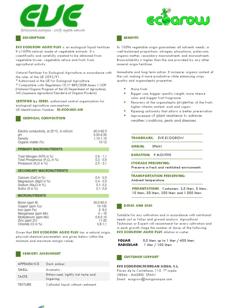 AGROPLUS EVE Ecogrow Technical Data Sheet | PDF | Fertilizer | Nutrients