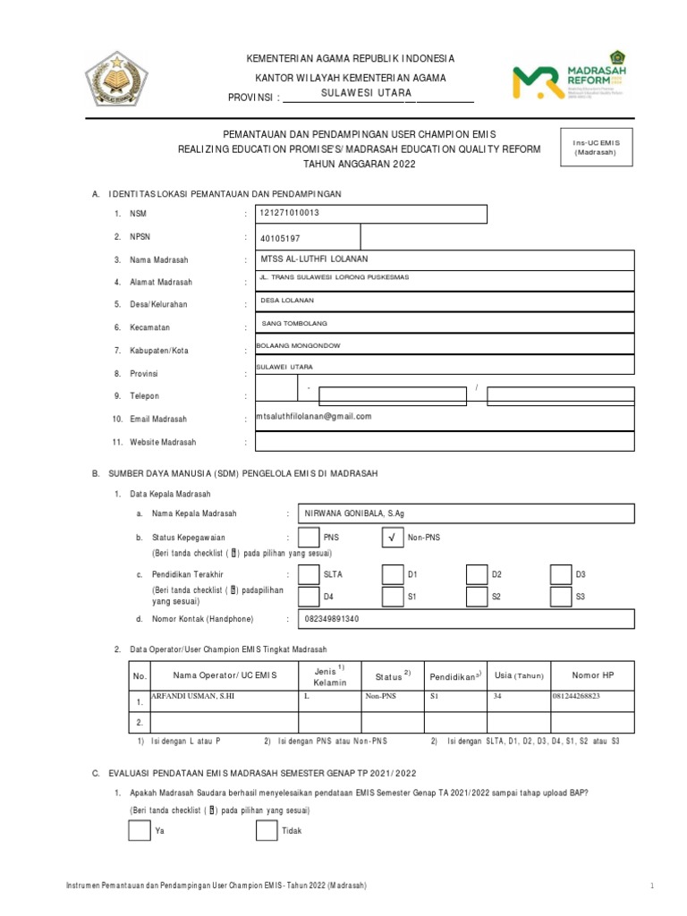 Instrumen Pendampingan UC EMIS 2022 Madrasah-Final | PDF