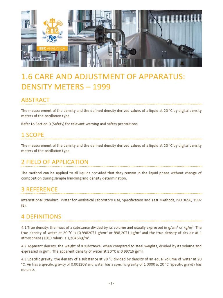 1.6 Care and Adjustment of Apparatus - Density Meters | PDF | Density | Calibration