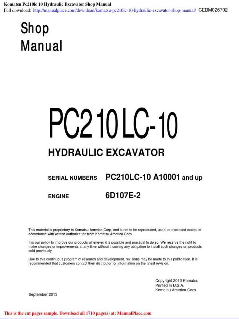 Komatsu Pc210lc 10 Hydraulic Excavator Shop Manual | PDF