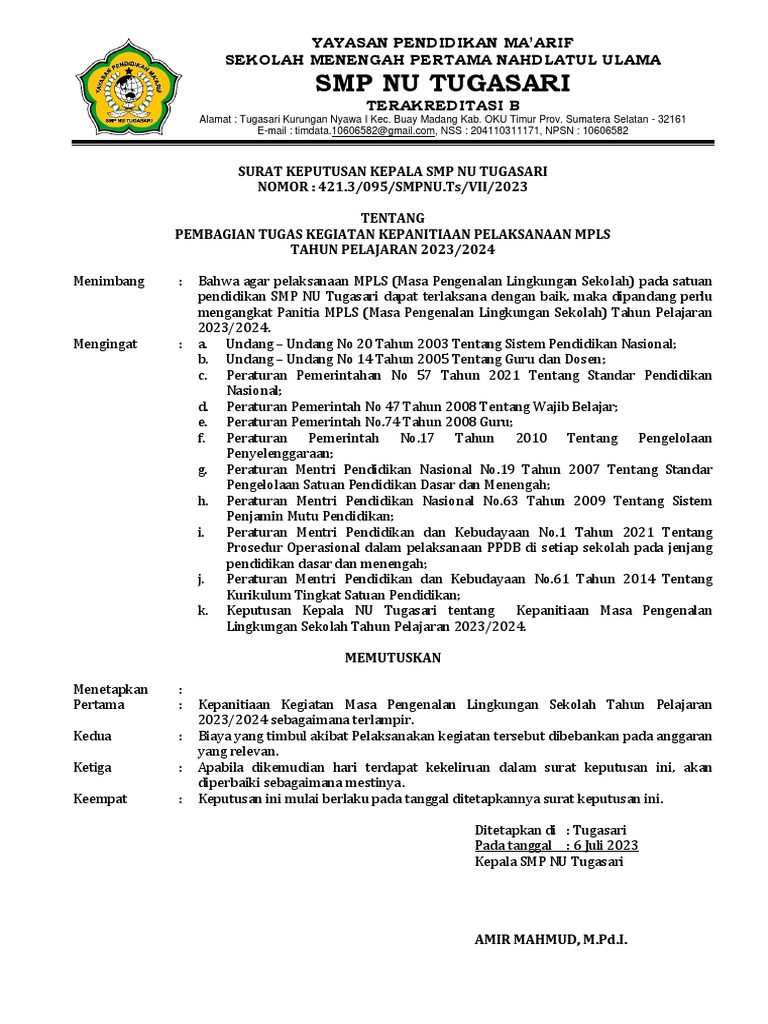 SK Panitia MPLS SMP NU Tugasari 2023/2024 | PDF