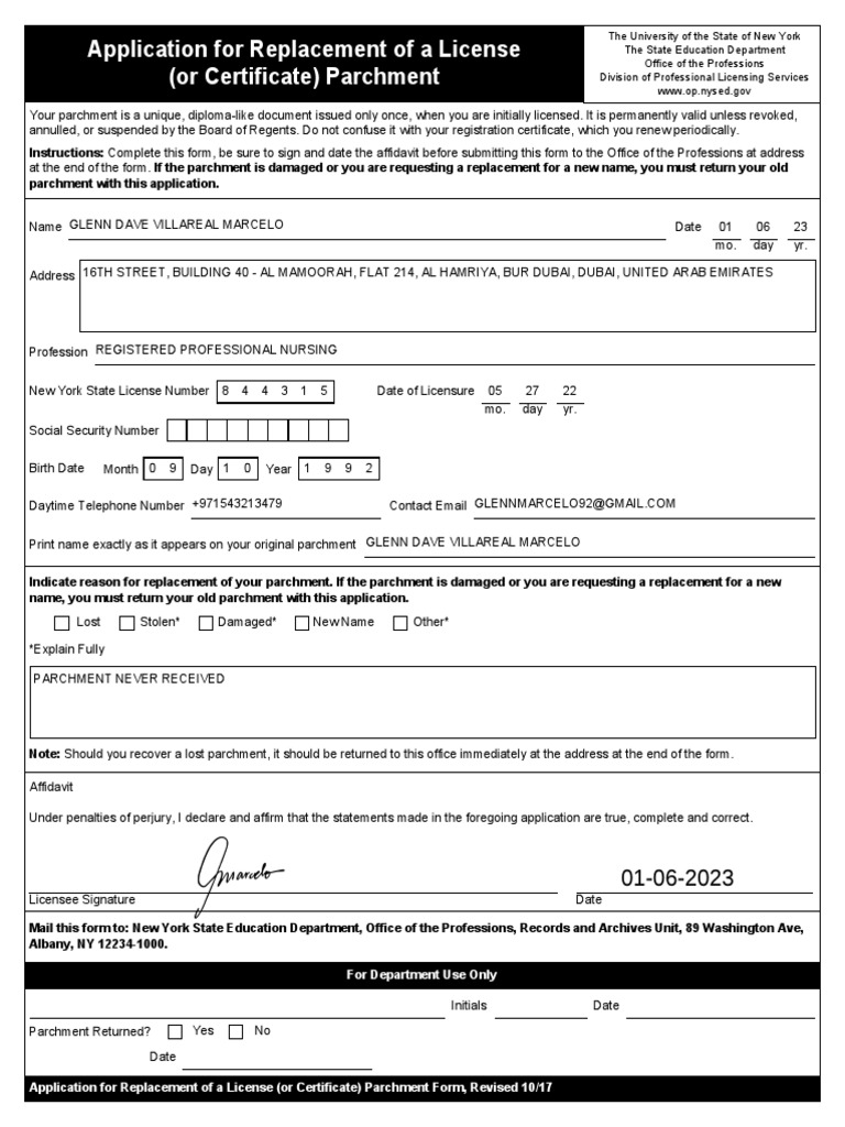 Replacement License Parchment Application | PDF | Licensure