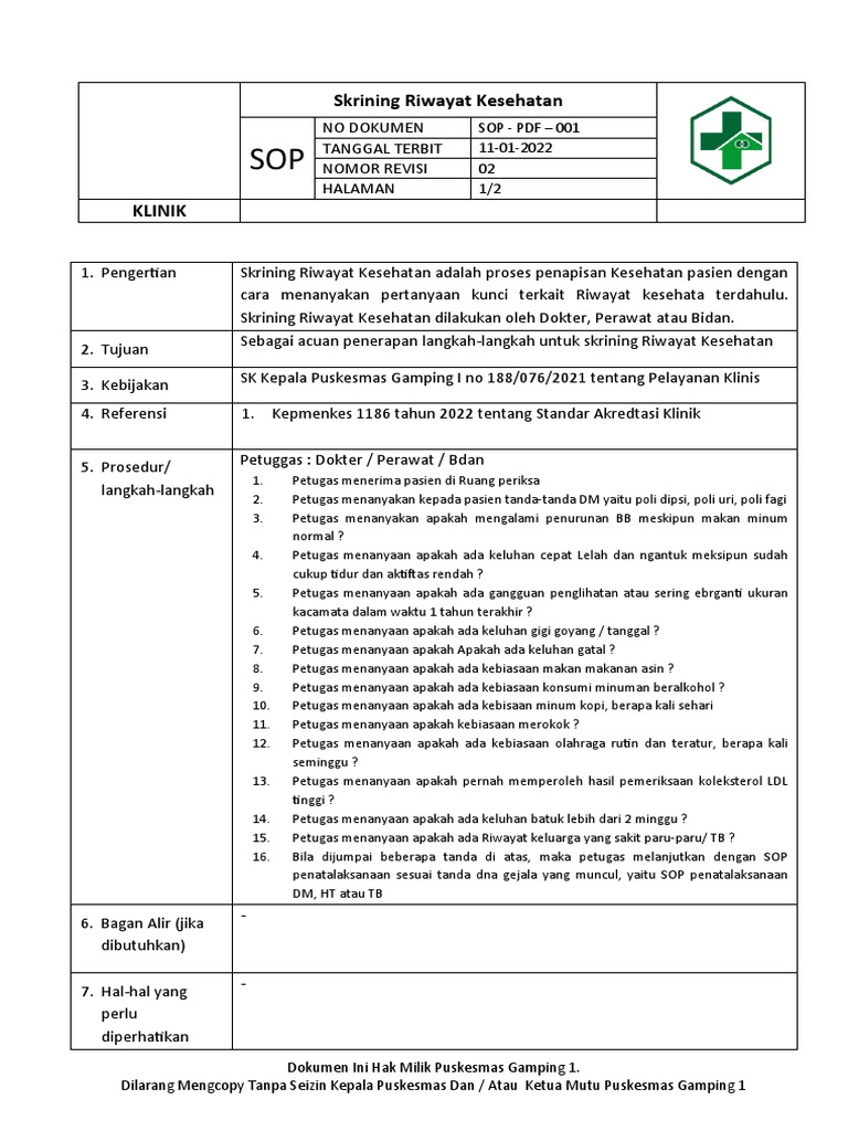 3.1.1 SOP Skrining Pasien DM HT TB | PDF