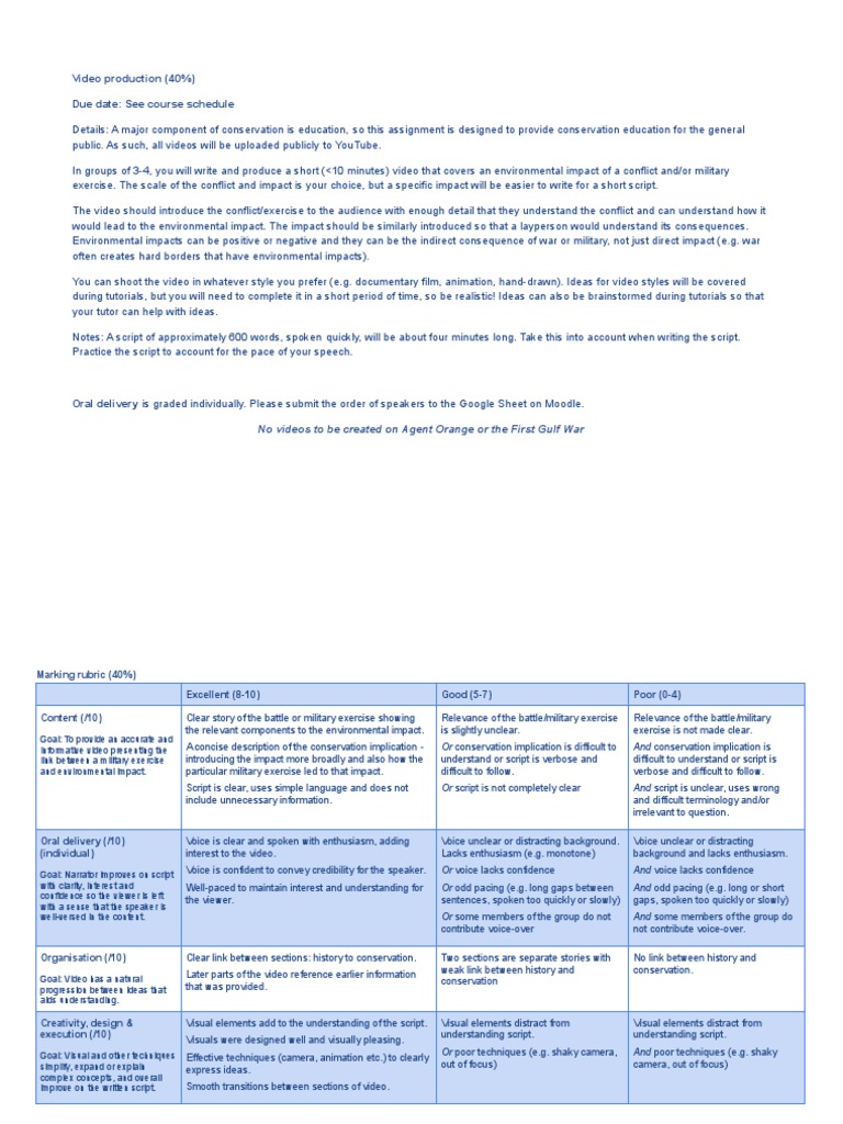 Video Rubric Pdf Video Relevance