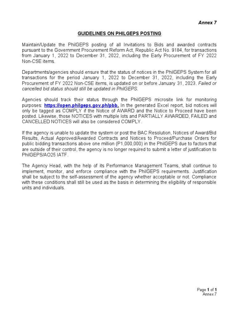 Annex 7 - FY 2022 Guideline On PhilGEPS Posting | PDF