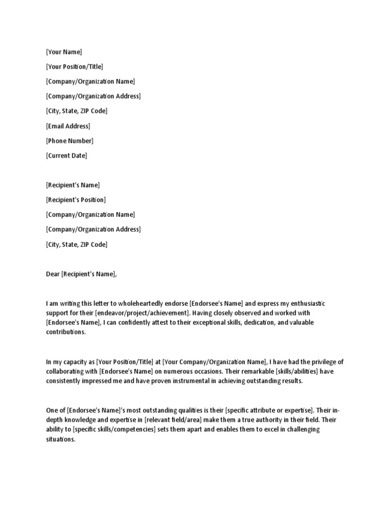 Sample Endorsement Letter | PDF | Cognition | Cognitive Science