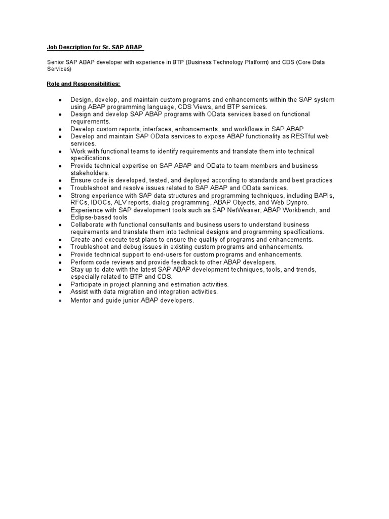 JD of SR - SAP ABAP | PDF JD of SR - SAP ABAP | PDF
