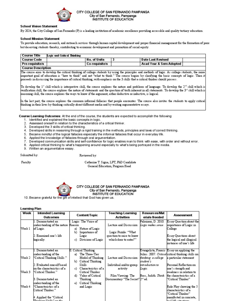 LOGIC-CRITICAL-THINKING-SYLLABUS-March 30 | PDF | Critical Thinking | Fallacy
