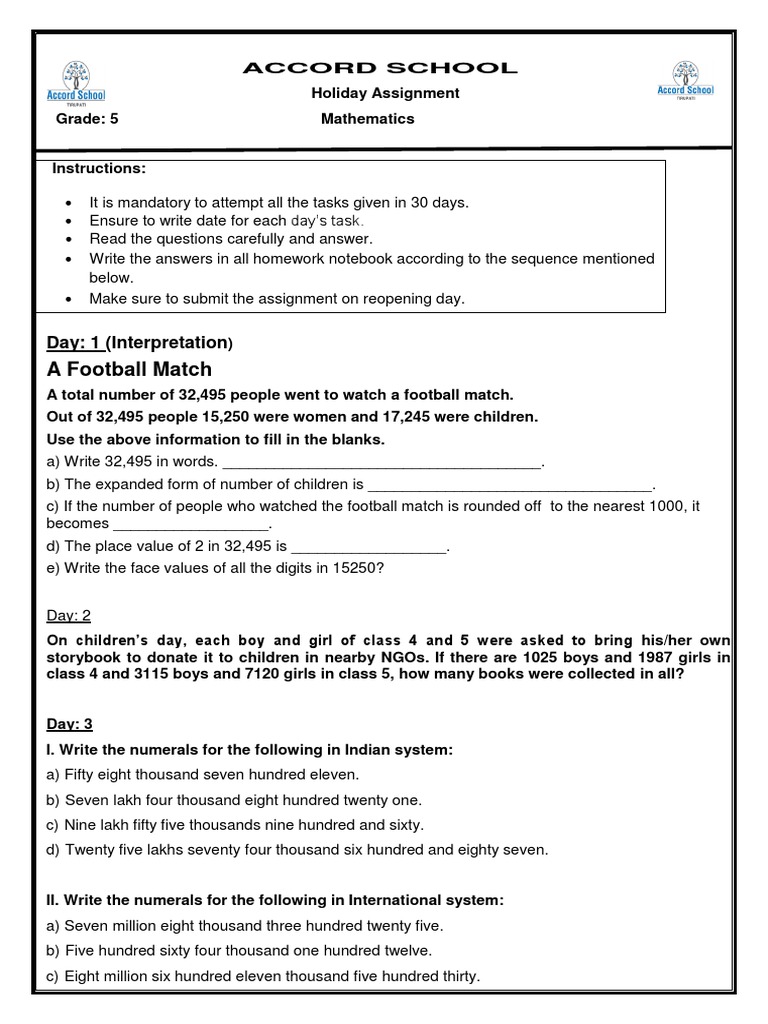Grade 5 Maths Holiday Assignment | PDF