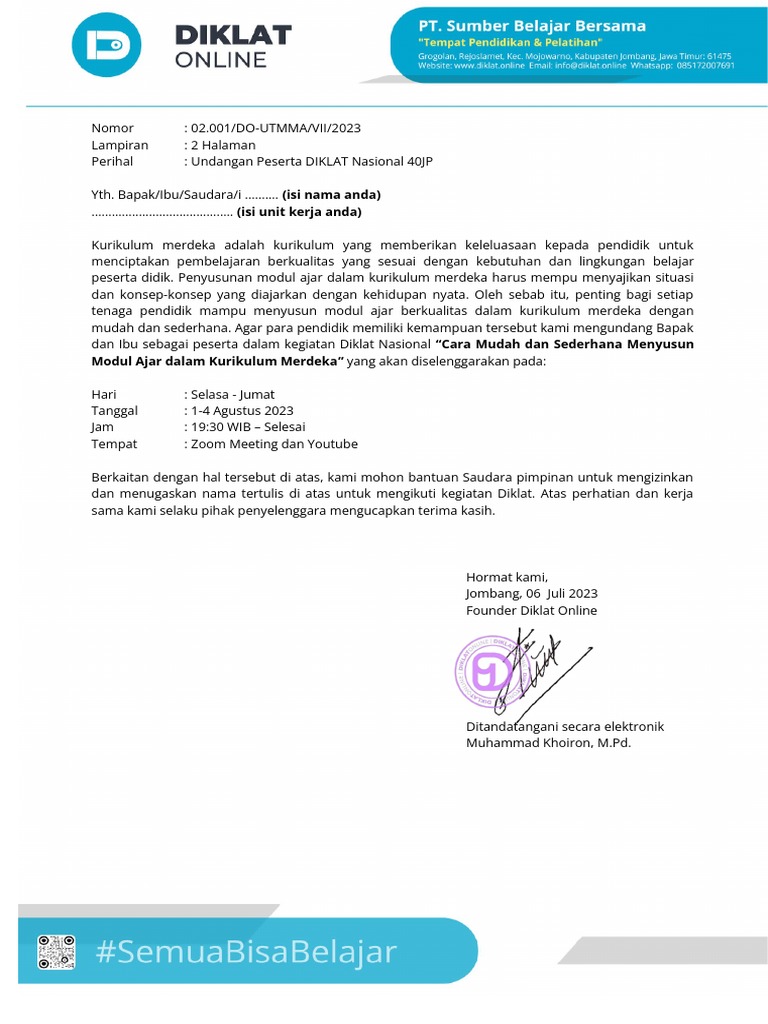 Undangan DIKLAT Modul Ajar Kurikulum Merdeka | PDF