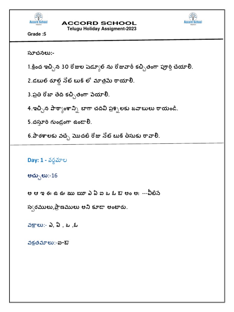 Grade 5 Telugu Holiday Assignment | PDF