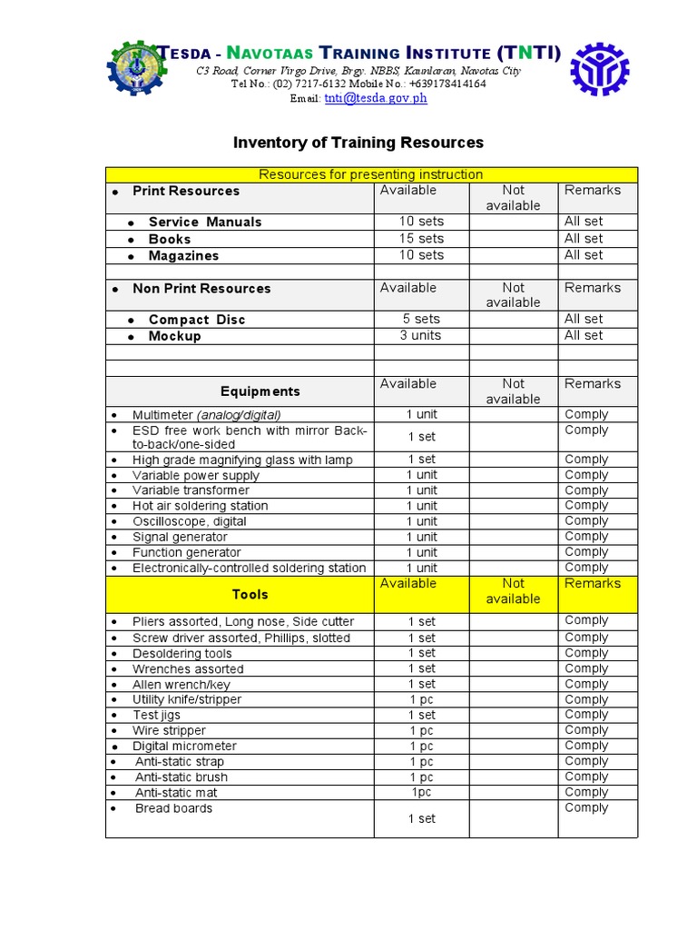 TESDA Navotas Training Institute Resources | PDF