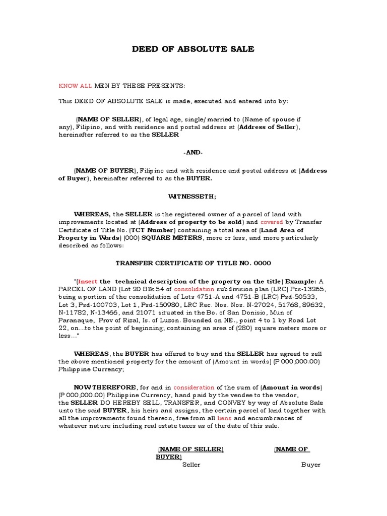 Deed of Absolute Sale | PDF | Sales | Land Lot