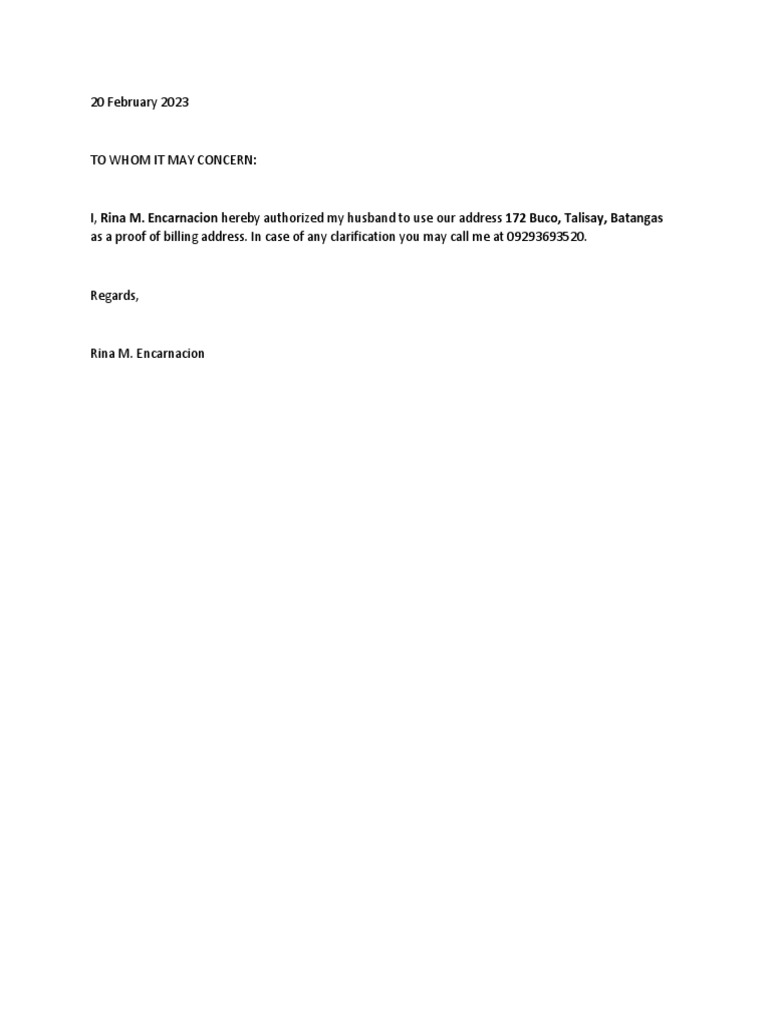 Authorization Letter - Proof of Billing | PDF Authorization Letter - Proof of Billing | PDF