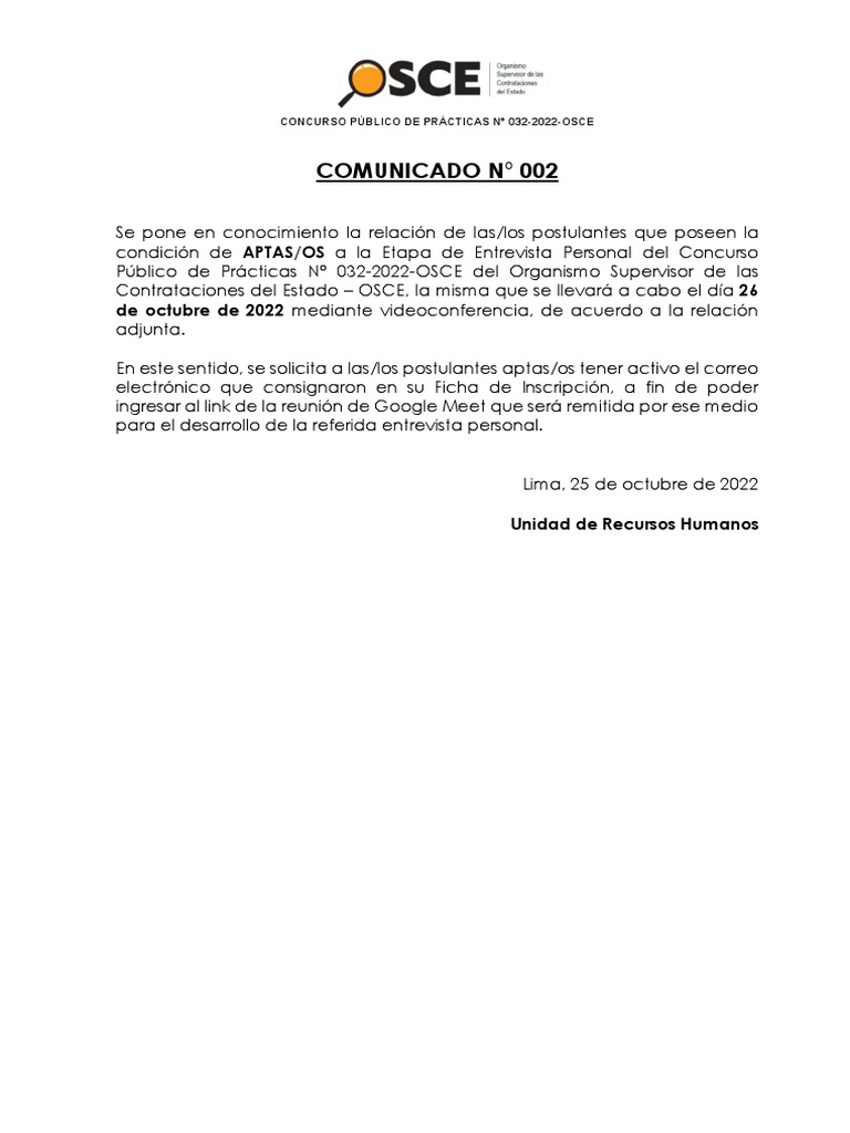 Comunicado #002 Concurso de Prácticas #032-2022-OSCE-LIMA | PDF