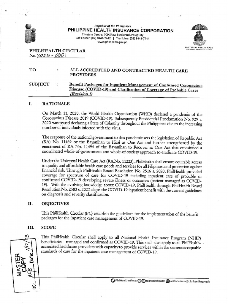 PhilHealth Circular 2023-0001 COVID-19 Benefits | PDF