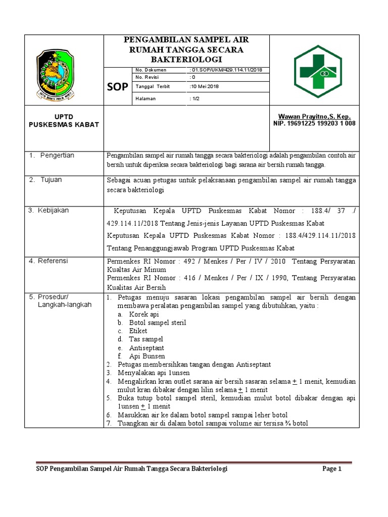 SOP Pengambilan Sampel Air Bakteriologi | PDF | Kesehatan Holistik