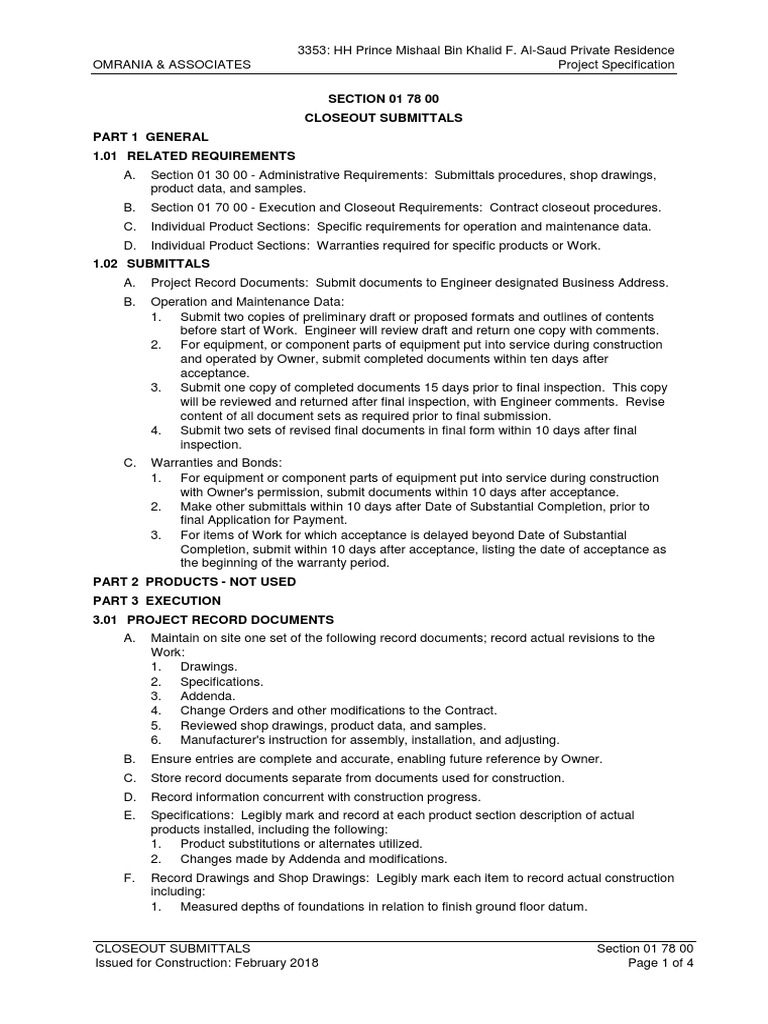 01 78 00 Closeout Submittals | PDF | Specification (Technical Standard)