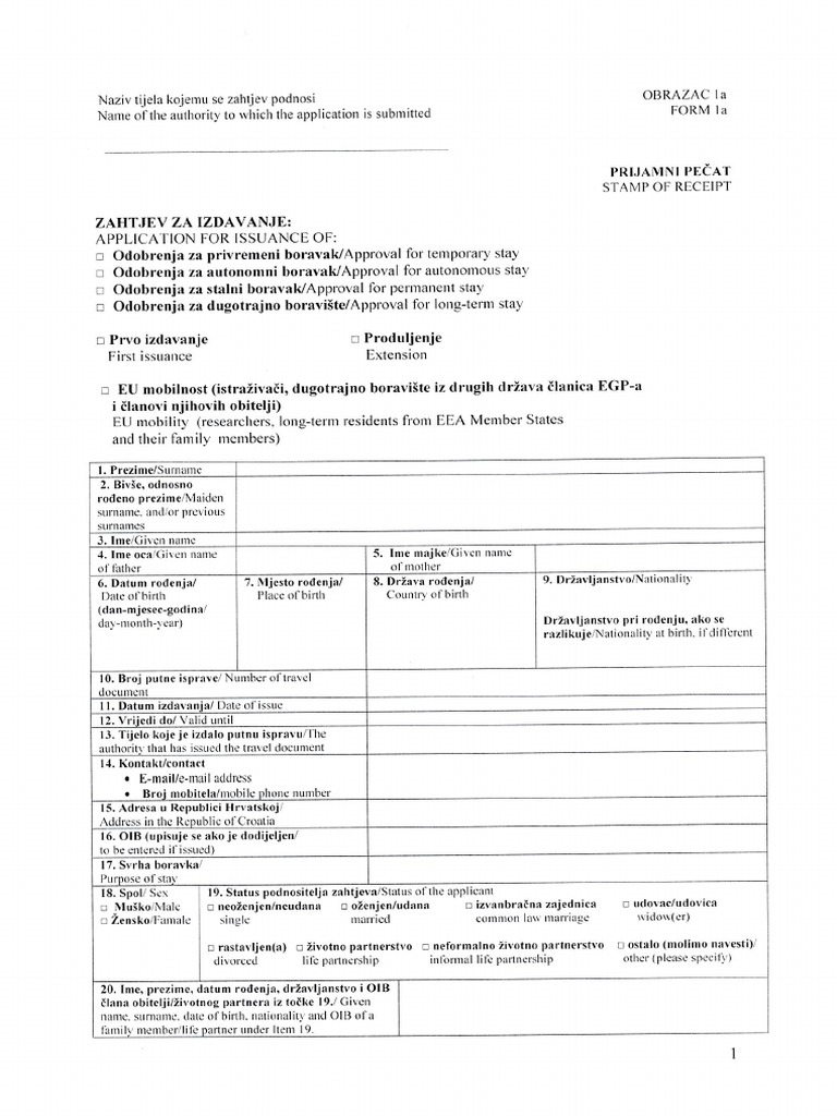 Obrazac 1a Zahtjev Za Privremeni Autonomni Stalni Boravak I Dugotrajno | PDF