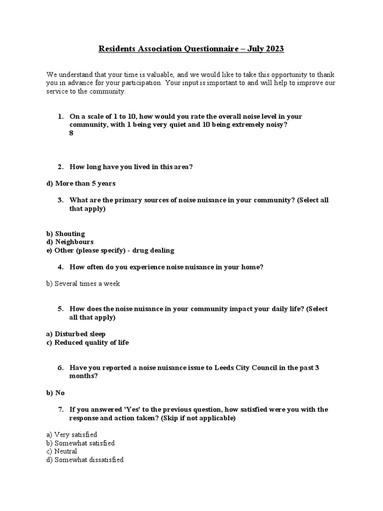 Residents Association Questionnaire | PDF
