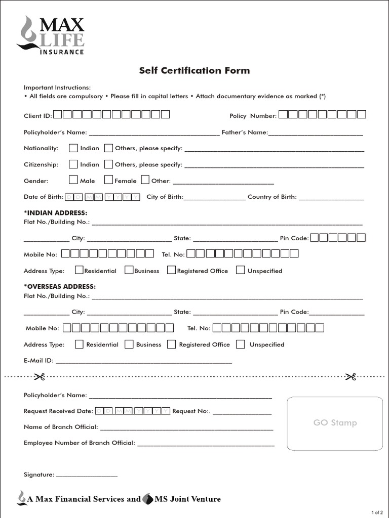 Self Certification Form Max Life | PDF