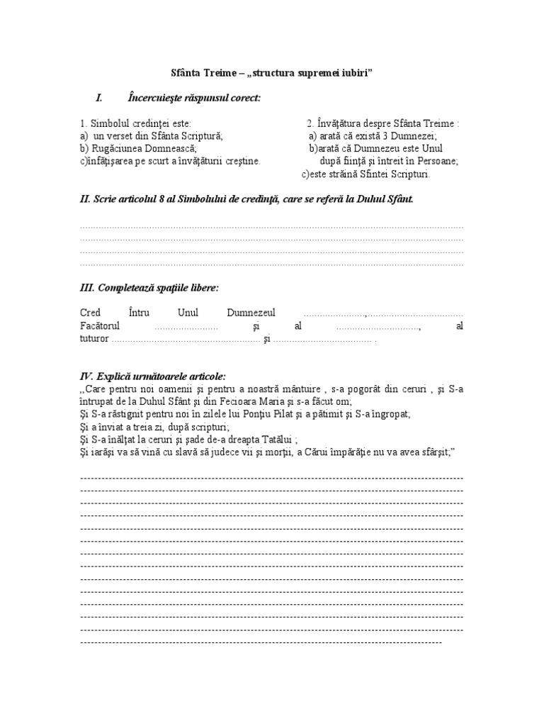 Lectia 3 - Fisa de Lucru Sfanta Treime | PDF