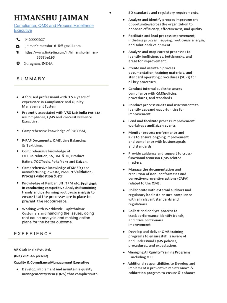 Resume Himanshu Jaiman | PDF | Quality Management System | Lean ...