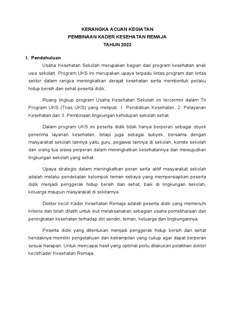 Kak Pembinaan Kader Kesehatan Remaja | PDF Kak Pembinaan Kader Kesehatan Remaja | PDF