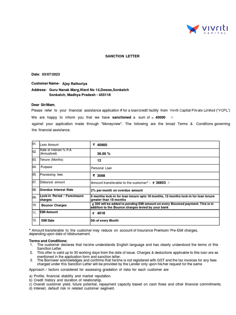 Loan Sanction Letter from Vivriti Capital | PDF | Interest | Loans
