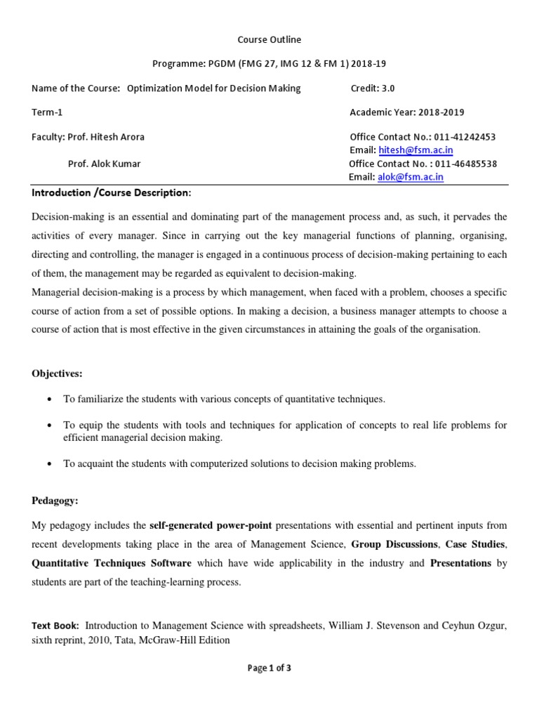 Course Outline - OM For DM - FMG 27, IMG 12 & FM 1 - Prof. Hitesh Arora ...