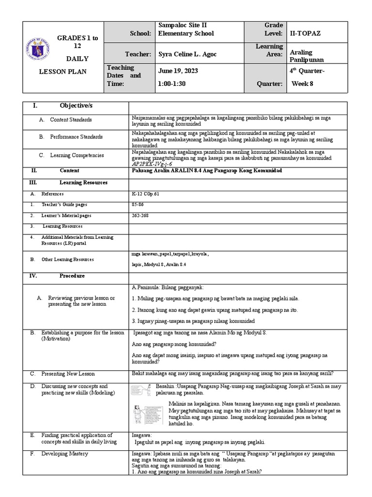 II. Content Paksang Aralin ARALIN 8.4 Ang Pangarap Kong Komunidad Iii. Learning Resources | PDF
