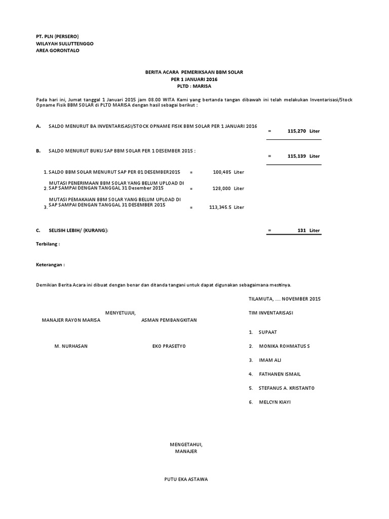 Contoh Form BA Inventarisasi BBM Dan Minyak Lumas | PDF