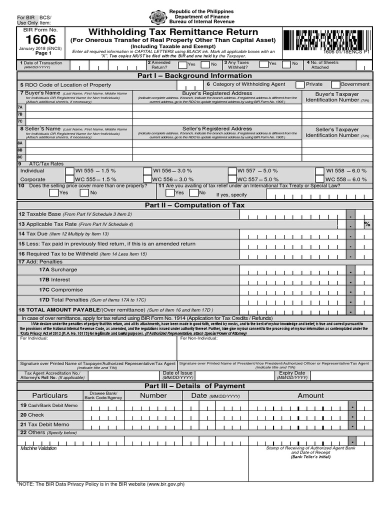 BIR Form 1606: Withholding Tax Guide | PDF | Taxes | Government Finances