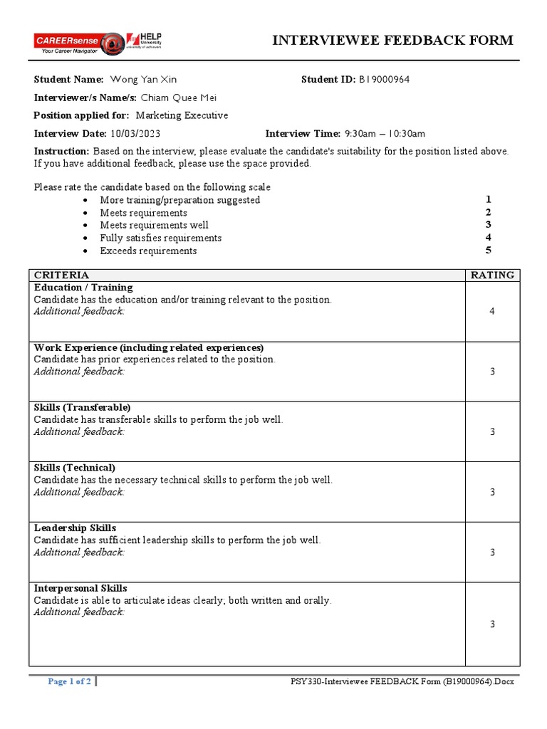 PSY330-Interviewee FEEDBACK Form (B19000964) | PDF